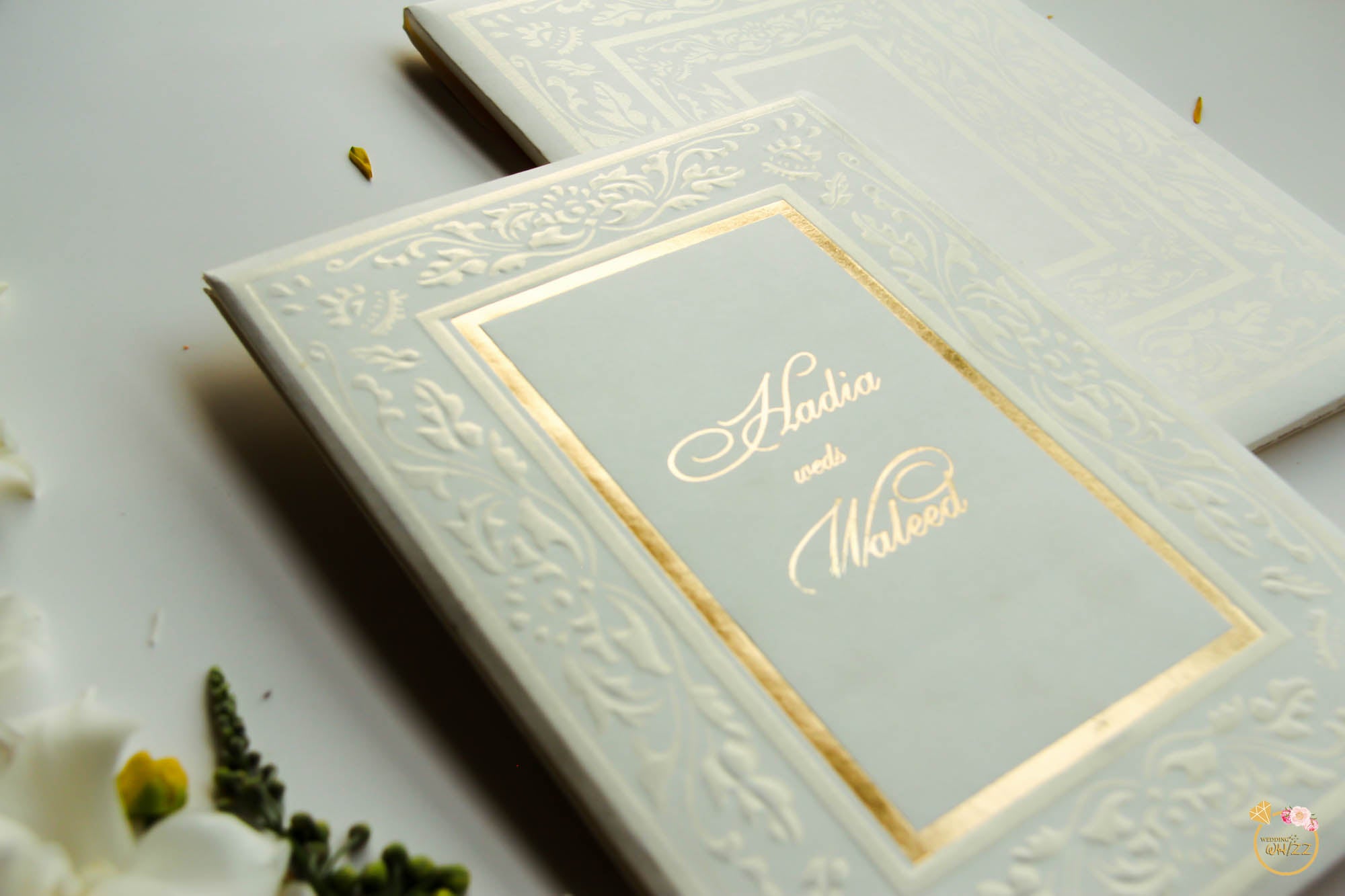 Embossed white Patterned with Gold Foil Names Invite – Wedding Whizz