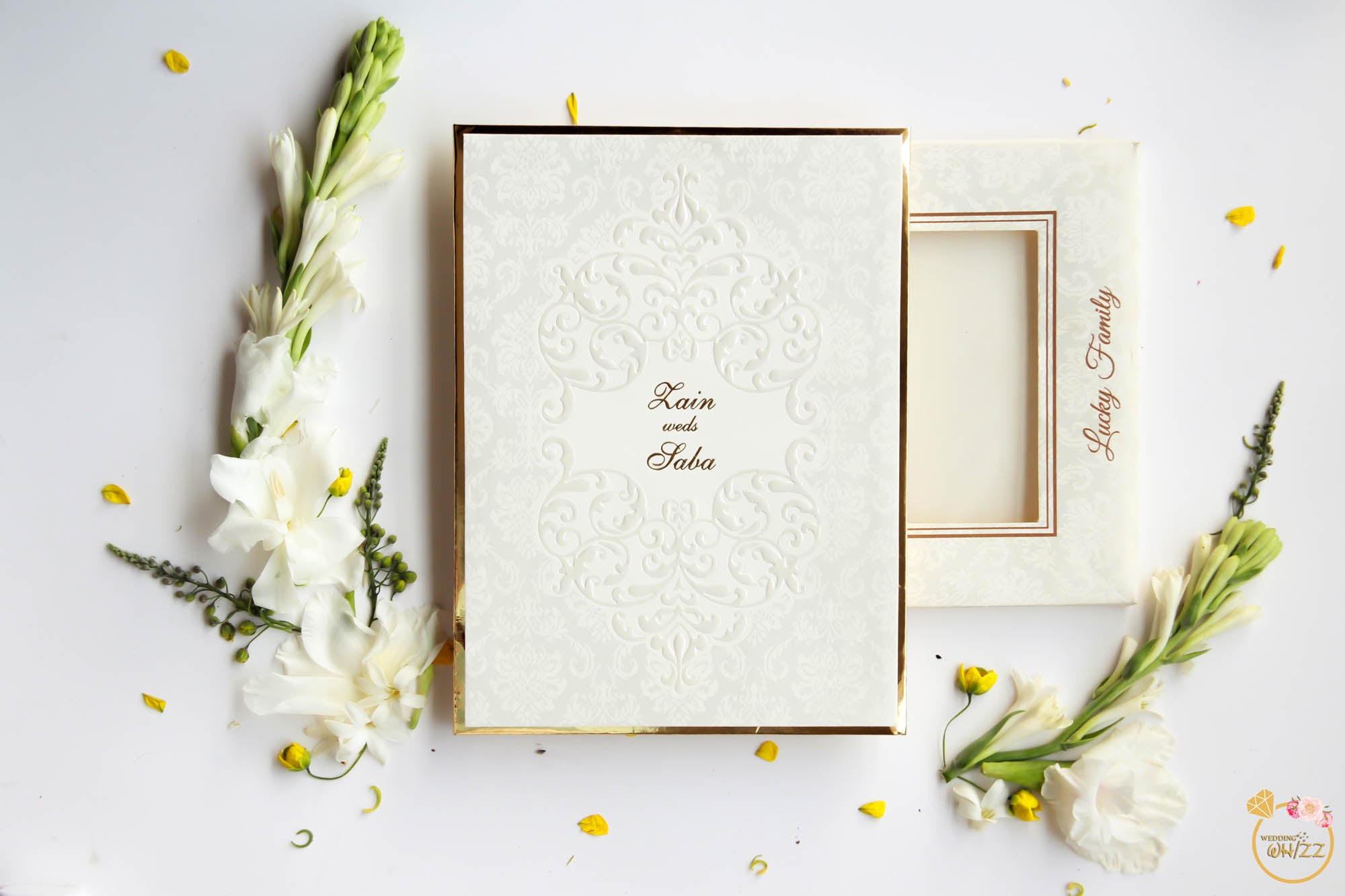 White Patterned Embossing with Gold Foil Name Booklet Invite – Wedding ...